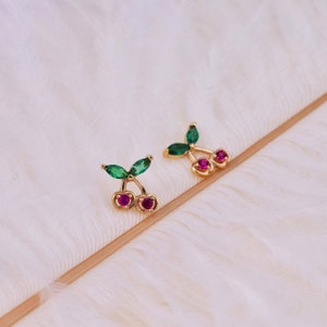 14K Solid Gold Tiny Red Cherry Stud Earring Dainty Cherry Cartilage Earring Baby Stud Helix ...