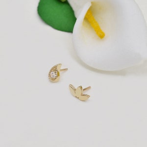 14K Solid Gold Tiny Lotus Stud Earring Raindrop Minimalist Cartilage Stud Helix Stud Conch ...