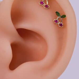 14K Solid Gold Tiny Red Cherry Stud Earring Dainty Cherry Cartilage Earring Baby Stud Helix ...