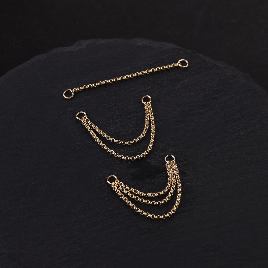 14K Solid Gold Triple Chain Attachment, Double Chain Piercing, Loop ...