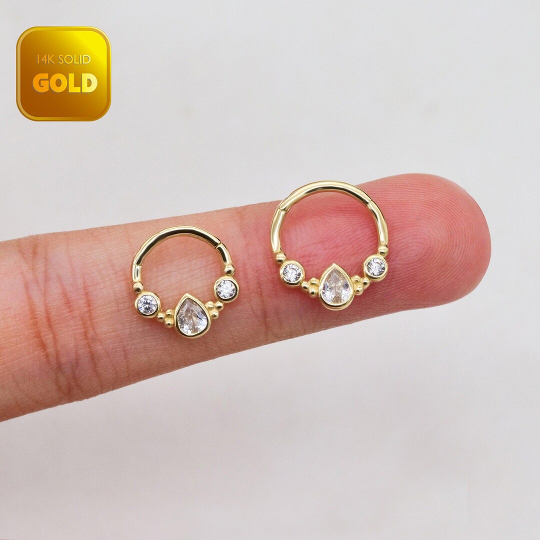 14k Solid Gold Teardrop Bezel Hoop Piercing Bendable Septum Hoop Nose ...