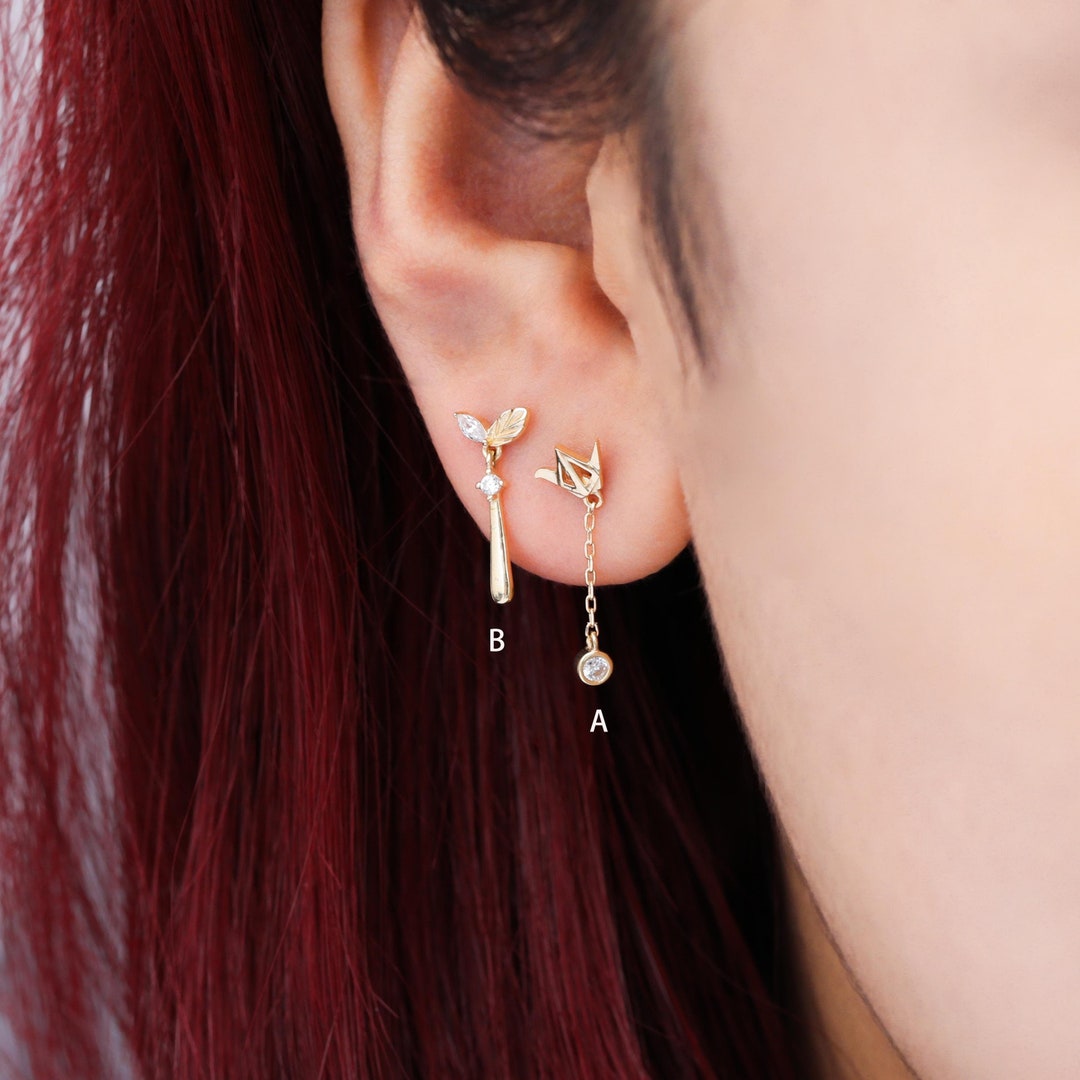 14K Solid Gold Dangle Leaf Cartilage Earring, Dove Drop Helix Stud ...