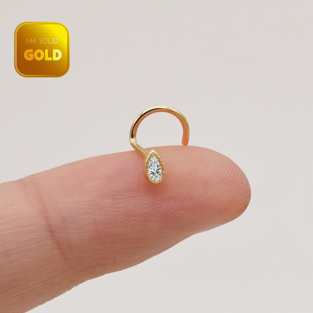 14k Solid Gold Tiny Teardrop Nose Ring Dainty Screw Back Nose Stud Gold ...