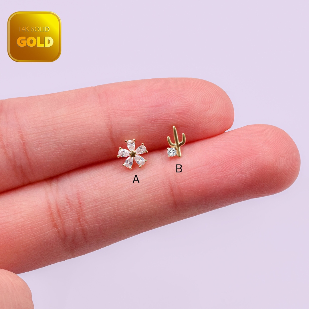 14k Solid Gold Tiny Cactus Stud Earring Flower Cartilage Earring Flower Helix Stud Tragus ...
