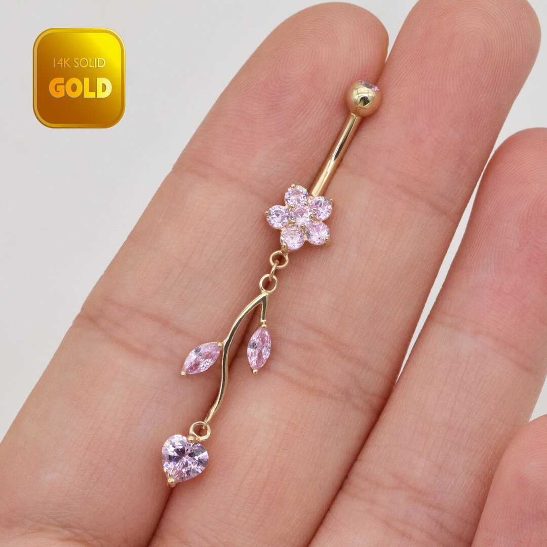 14k Solid Gold Sparkly Pink Flower Belly Button Ring Dangle Heart Navel ...