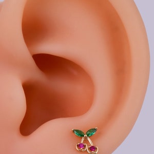 14K Solid Gold Tiny Red Cherry Stud Earring Dainty Cherry Cartilage Earring Baby Stud Helix ...