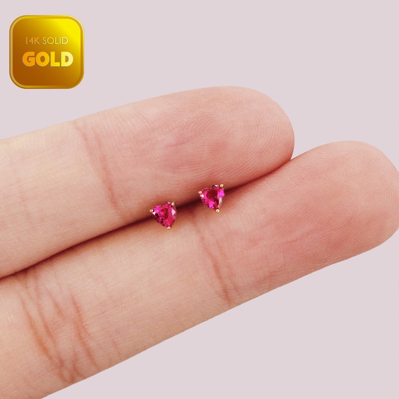 14k Solid Gold Ruby Heart Cartilage Piercing Pink Heart Helix Stud ...