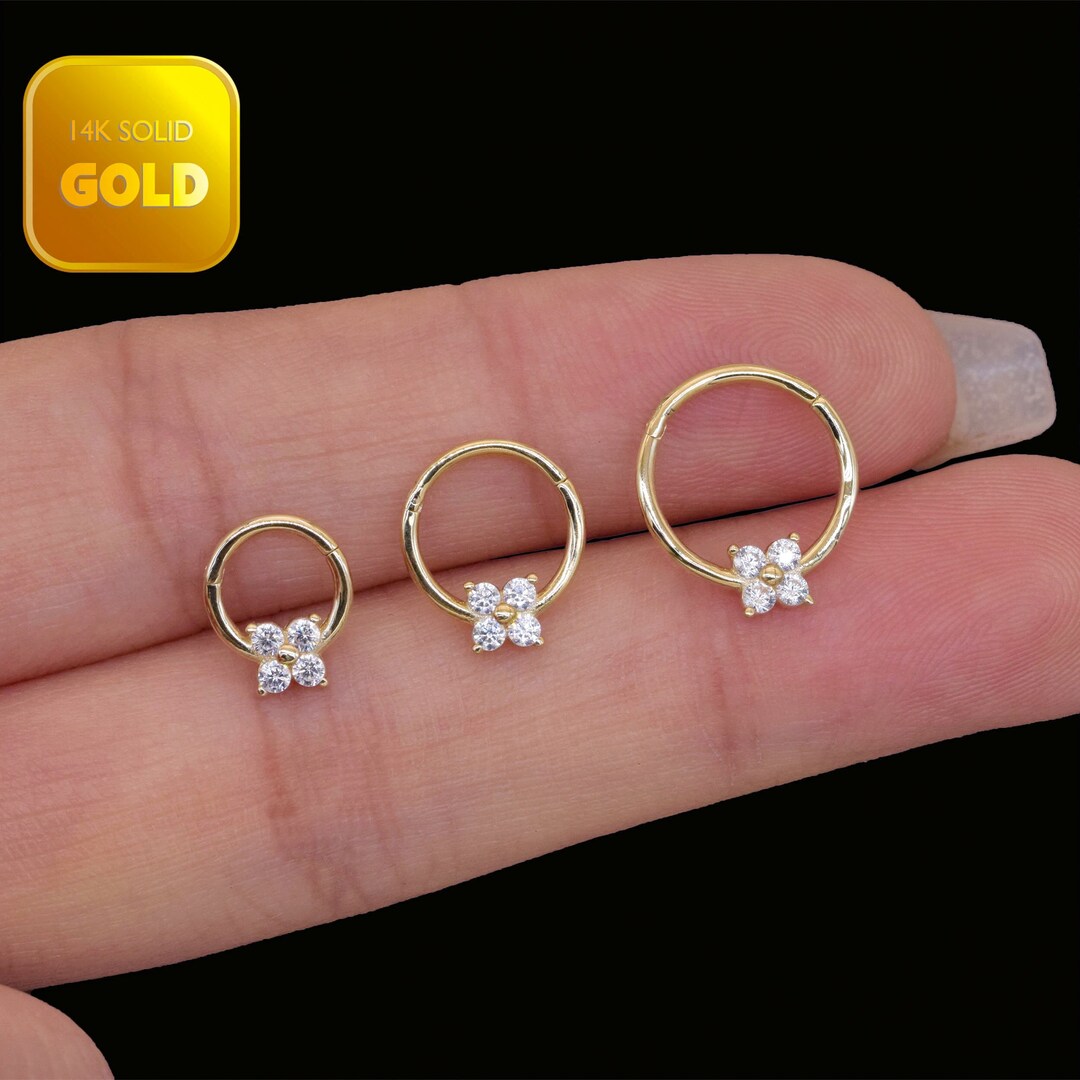 14k Solid Gold Cartilage Flower Hoop Clicker Four Diamond Clicker ...