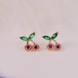 14K Solid Gold Tiny Red Cherry Stud Earring Dainty Cherry Cartilage Earring Baby Stud Helix ...