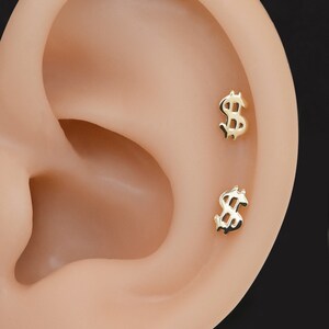 14k Solid Gold Dollar Sign Cartilage Earrings Money Stud Earrings ...