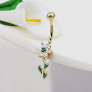 14k Solid Gold Flower Belly Ring Gold Navel Ring Dangly Flower Ring ...