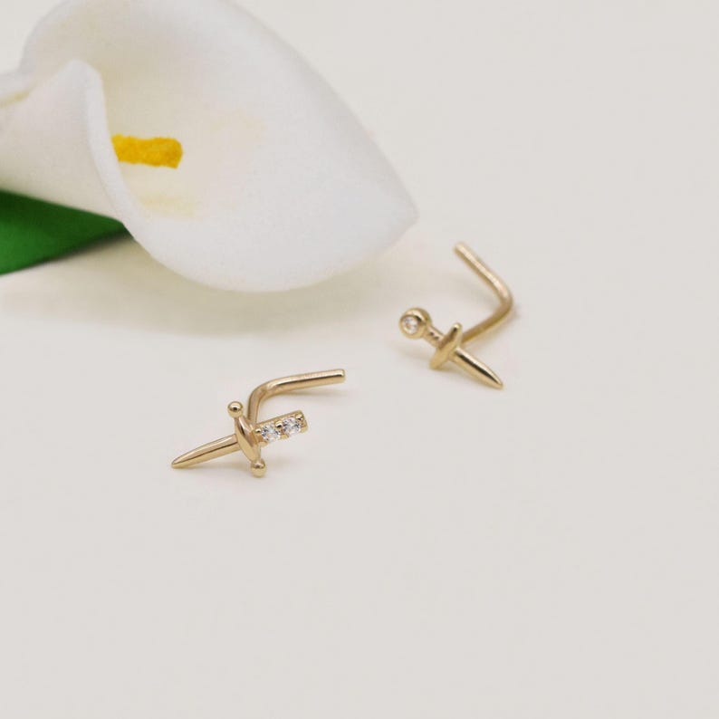 14k Solid Gold Sword Nose Stud Dagger Nose Ring Tiny Nose Stud L Shape ...