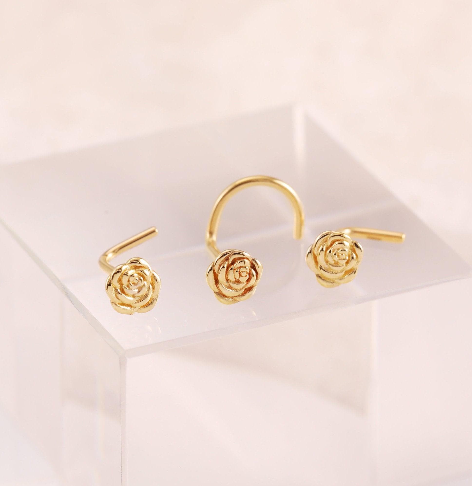 14k Solid Gold Rose Nose Stud, Tiny L Shape Flower Nose Ring, Dainty ...