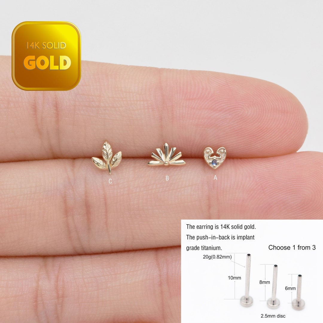 14k Solid Gold Leaf Cartilage Stud Earring Dainty Heart Conch Earring ...