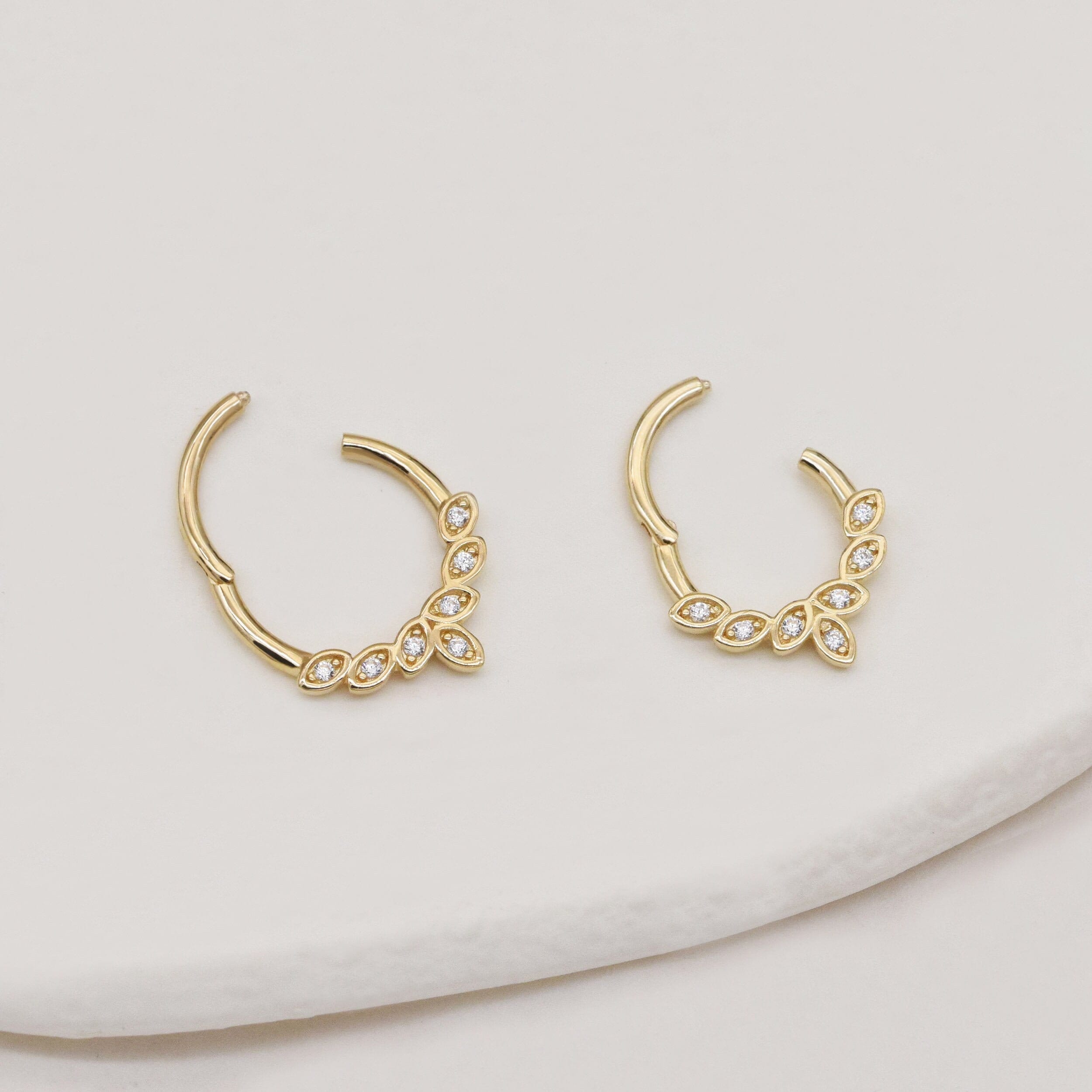 14k Solid Gold Leaf Daith Clicker Marquise CZ Hinged Hoop Gold Septum ...