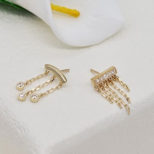 14k Solid Gold Bar Drape Chain Earring Cartilage Chain Piercing Helix ...