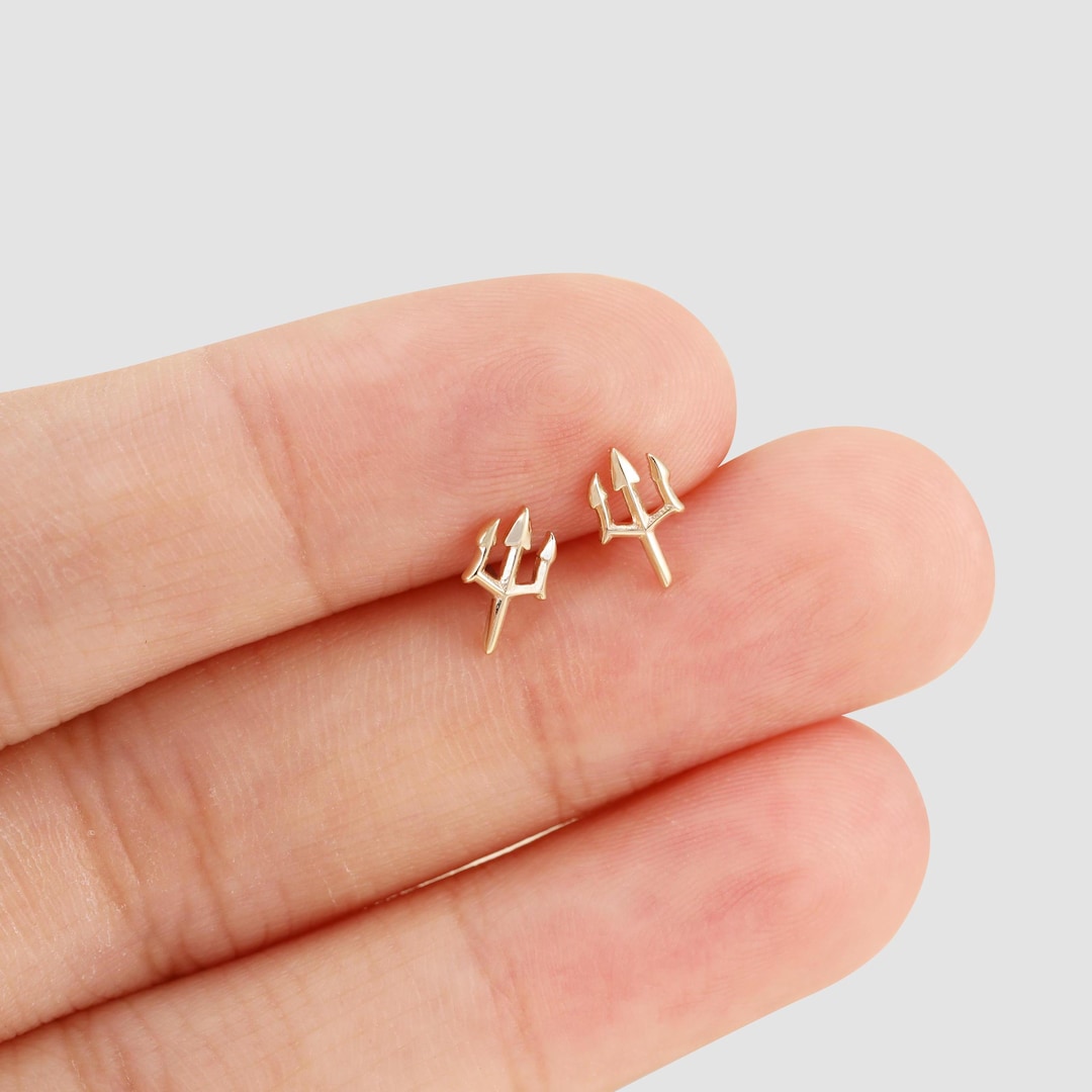 14k Solid Gold Trident Stud Earring Tiny Neptune Ruling Planet ...