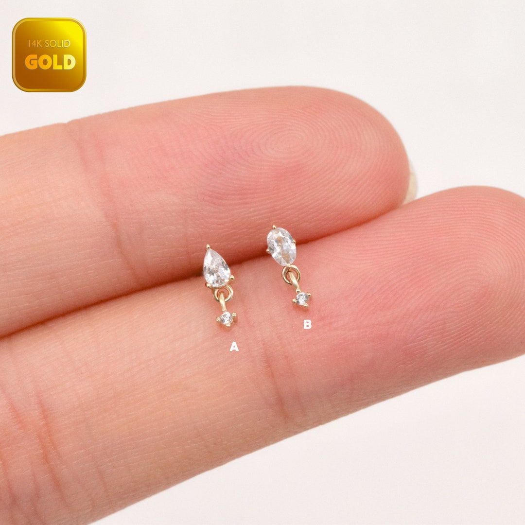 14k Solid Gold Dangle Cartilage Stud Earring Gold Dangle Tragus Piercing Dainty Dangling Earring ...