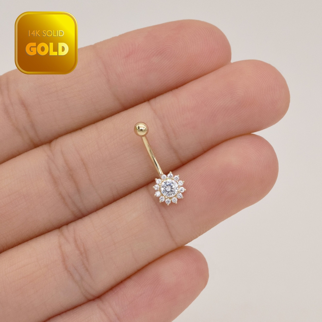 14k Solid Gold Flower Rook Piercing Curved Barbell Sunflower Navel Ring ...