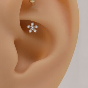 14k Solid Gold Flower Rook Earring Gold Rook Piercing Eyebrow Ring Barbell Belly Button Flower ...