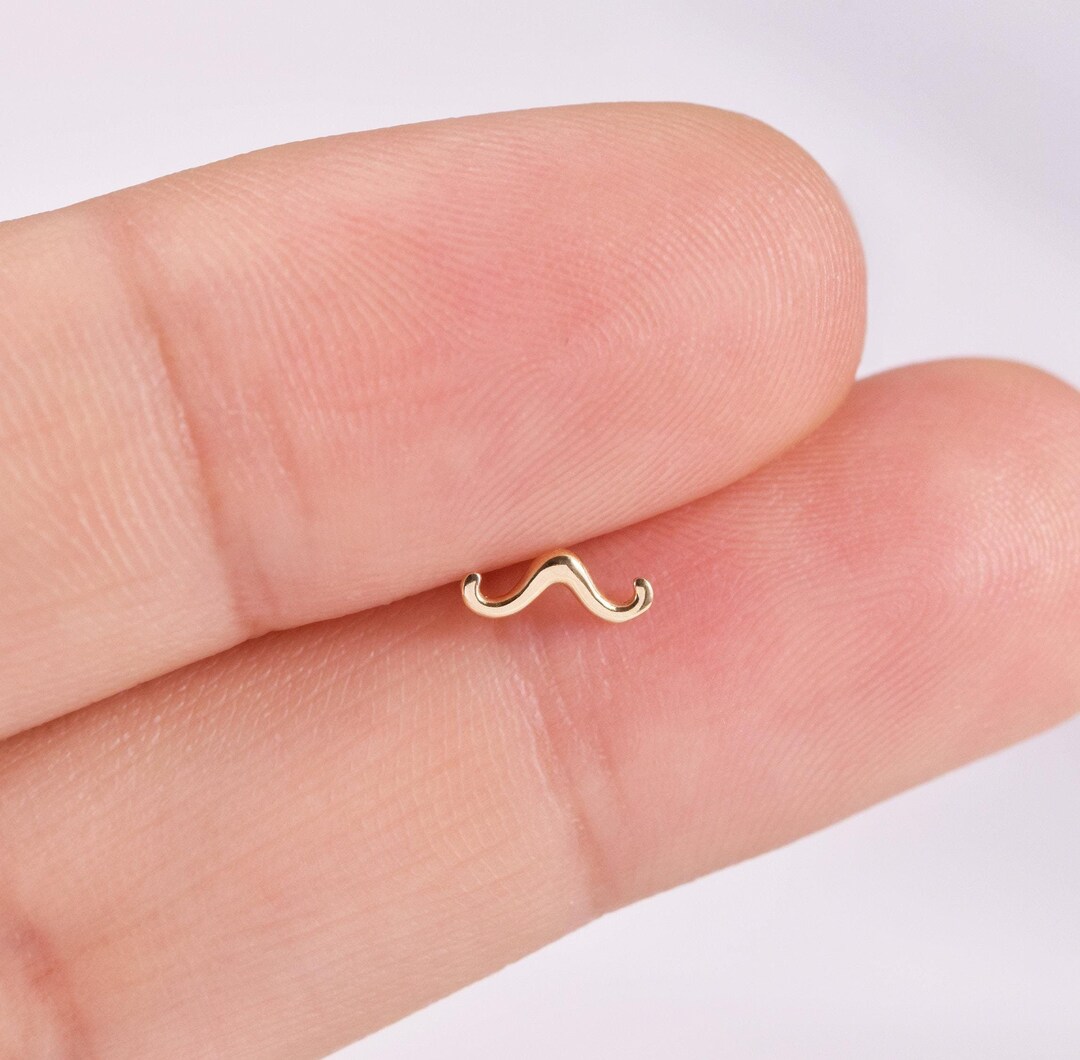 14k Solid Gold Wave Shaped Stud Earring Mustache Cartilage Earring ...