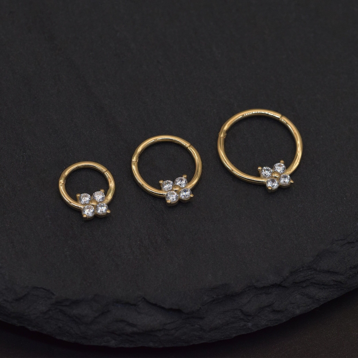 14k Solid Gold Cartilage Flower Hoop Clicker Four Diamond Clicker ...