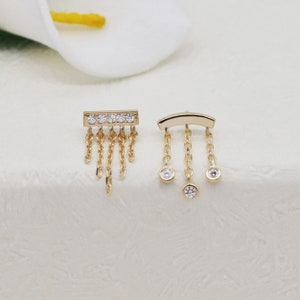 14k Solid Gold Bar Drape Chain Earring Cartilage Chain Piercing Helix ...