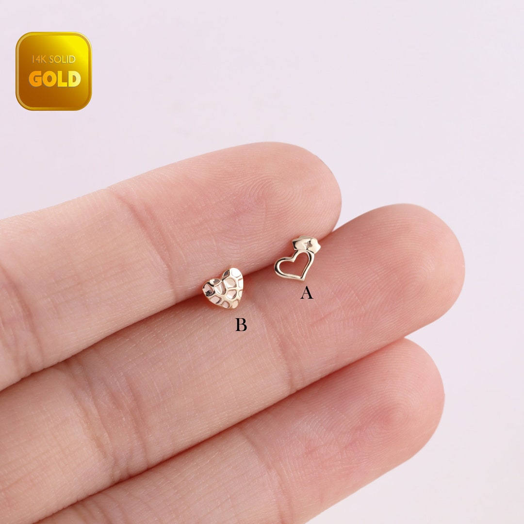 14K Solid Gold Hammered Heart Threaless Push in Stud, Flat Back Earring ...
