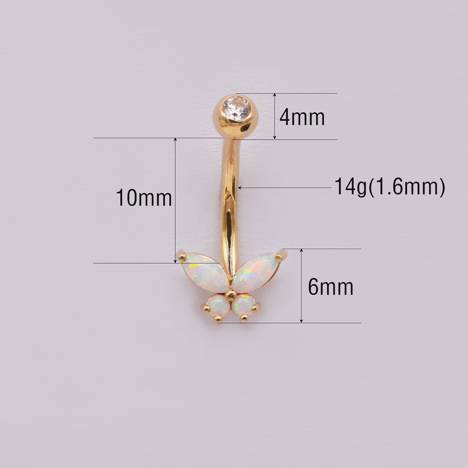 14k Solid Gold Butterfly Belly Button Ring Dainty Opal Navel - Etsy