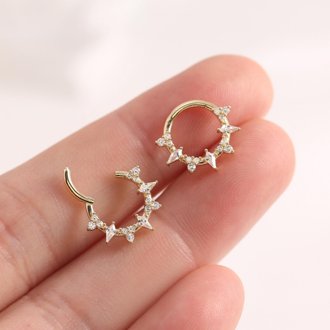 14K Solid Gold Kite Septum Hoop Gold Dainty CZ Hinged Ring Cartilage ...