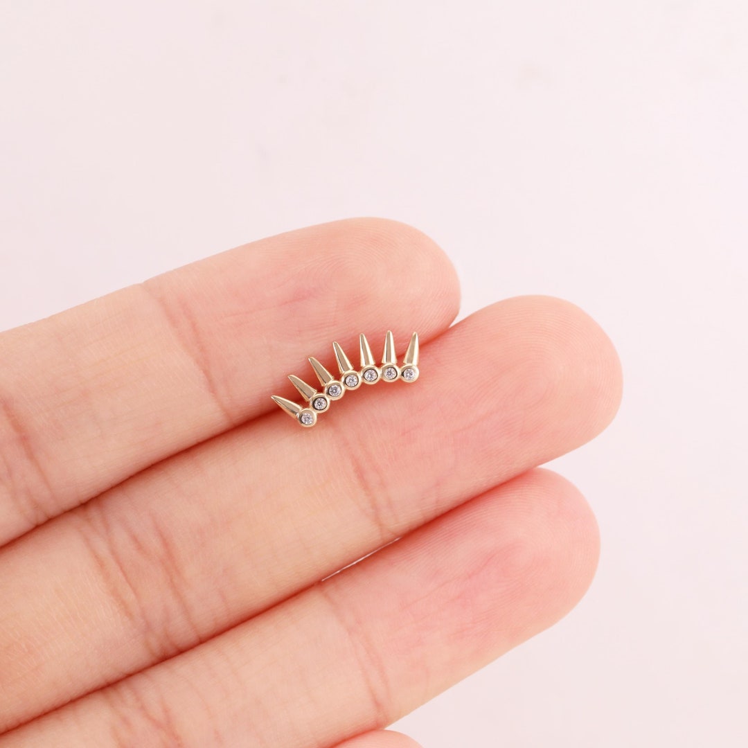 14k Solid Gold Curved Bar Threadless Top Gothic Earring Helix Stud Flat ...