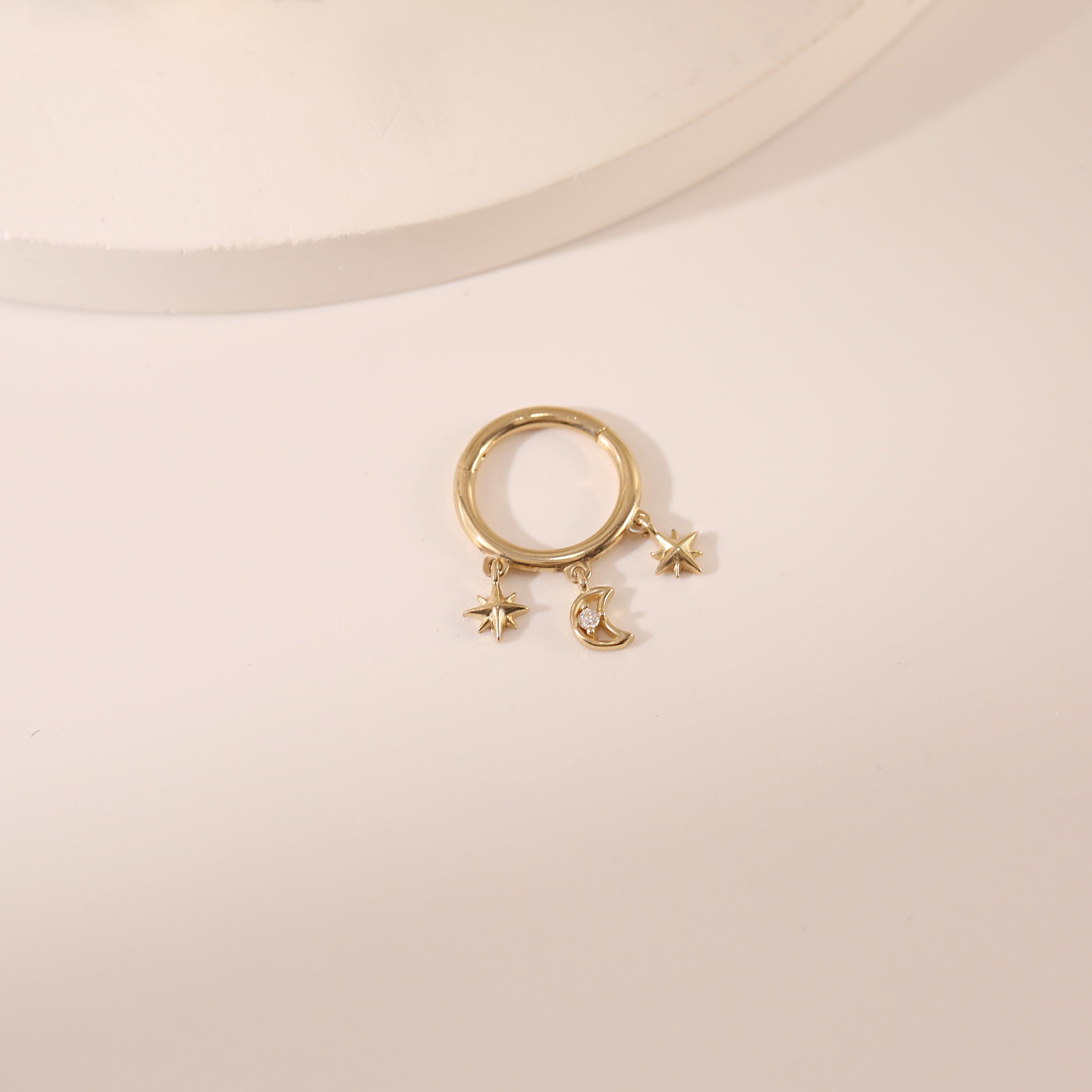 14k Solid Gold Dangle Star&moon Septum Ring Gold Moissanite Cartilage ...