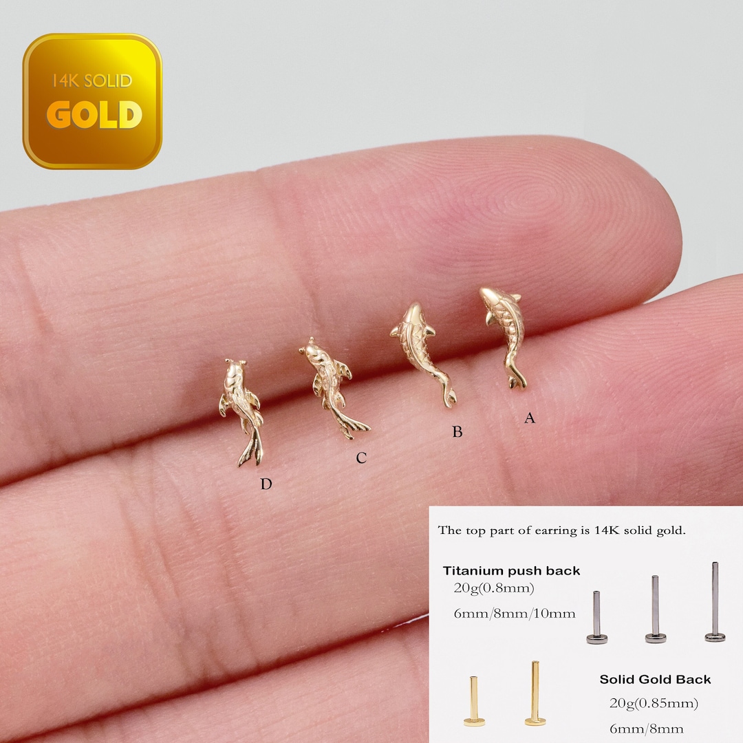 14k Solid Gold Koi Fish Cartilage Earring Tiny Tragus Stud Helix Conch Piercing Cute Stud ...