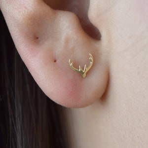 14k Solid Gold Antler Stud Earring Deer Horn Earrings Gold Cartilage ...