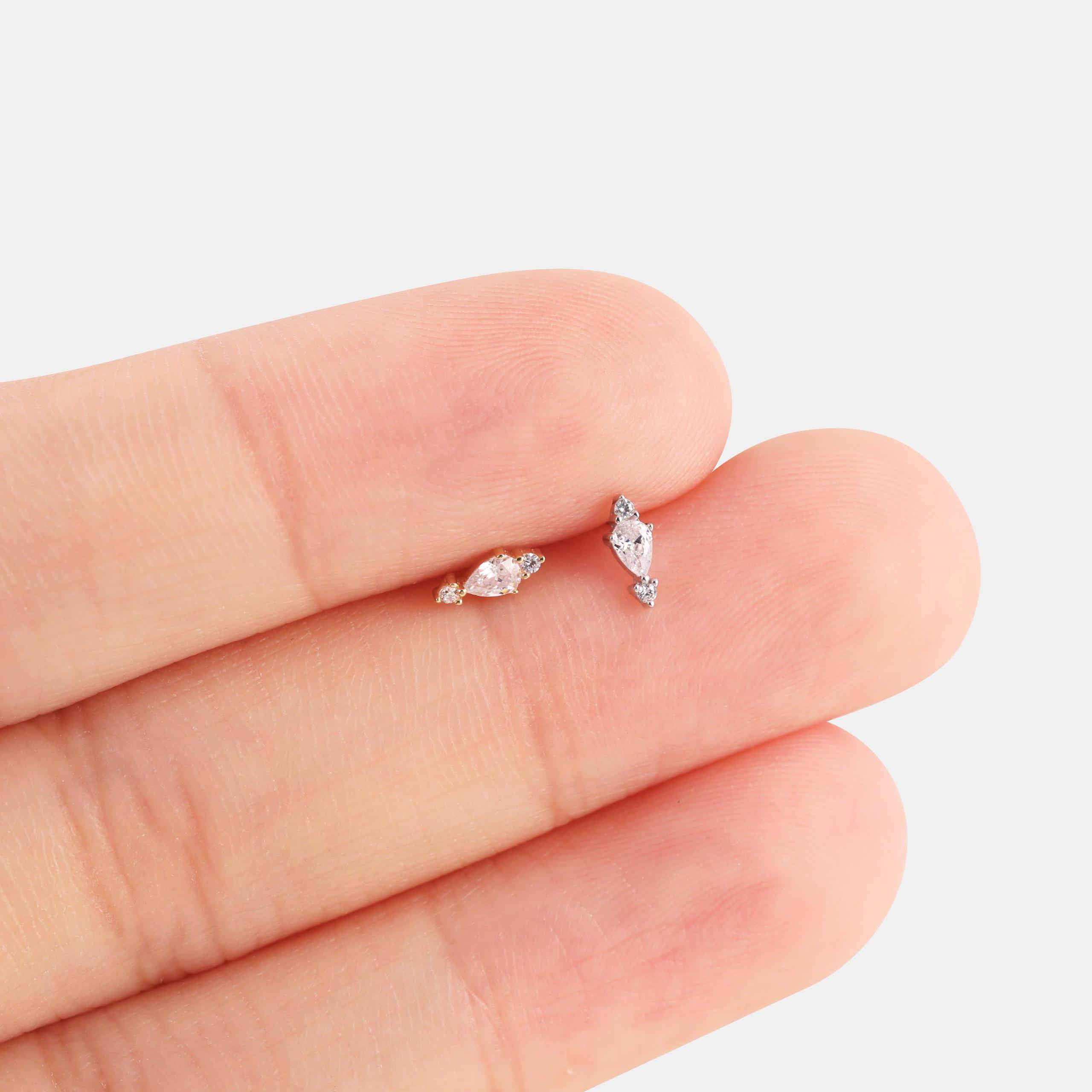 14k Solid Gold Trophies Stud Earring White Gold Pear Cartilage Earring ...
