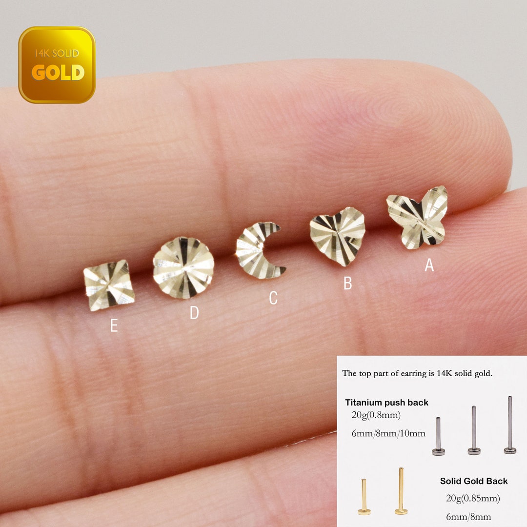 14K Solid Gold Diamond Cut Threadless Stud Earring Tiny Disc Earring ...