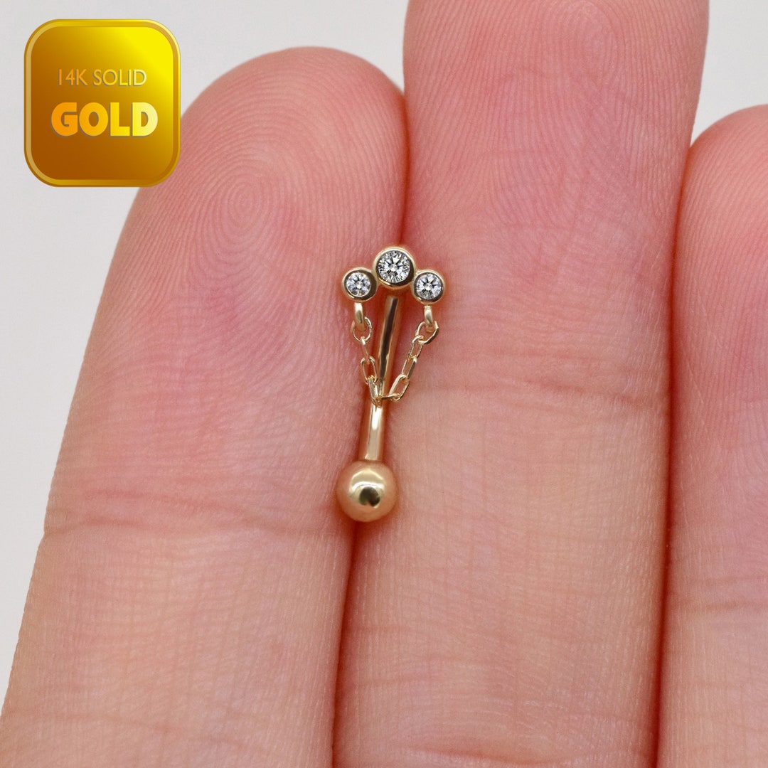 14k Solid Gold 3 Bezel Stone Rook Piercing Daith Piercing Chain Rook ...