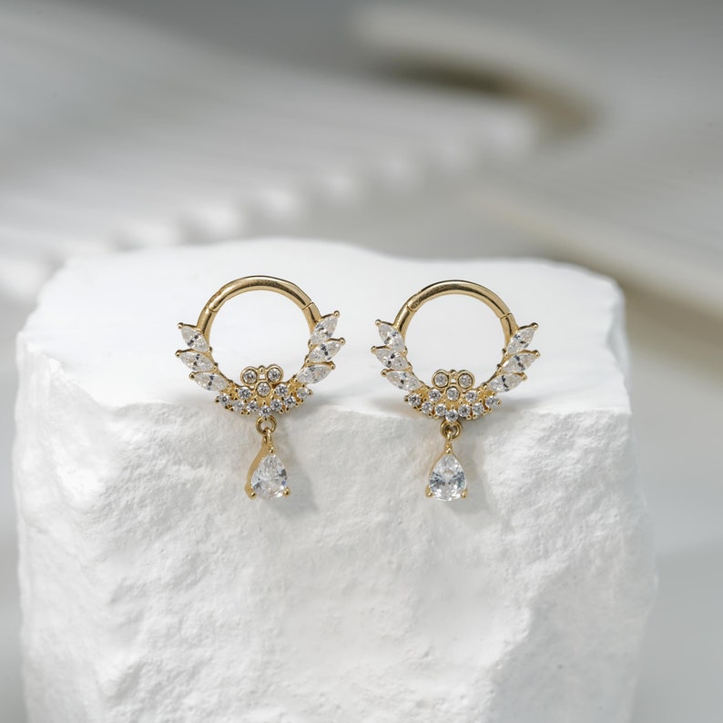 14K Solid Gold Teardrop Dangle Septum Nose Ring Gold Wing Hinged Hoop ...