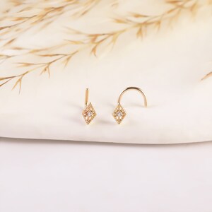 14k Solid Gold Rhombus L-shape Nose Stud Dainty S-shape Nose Piercing ...