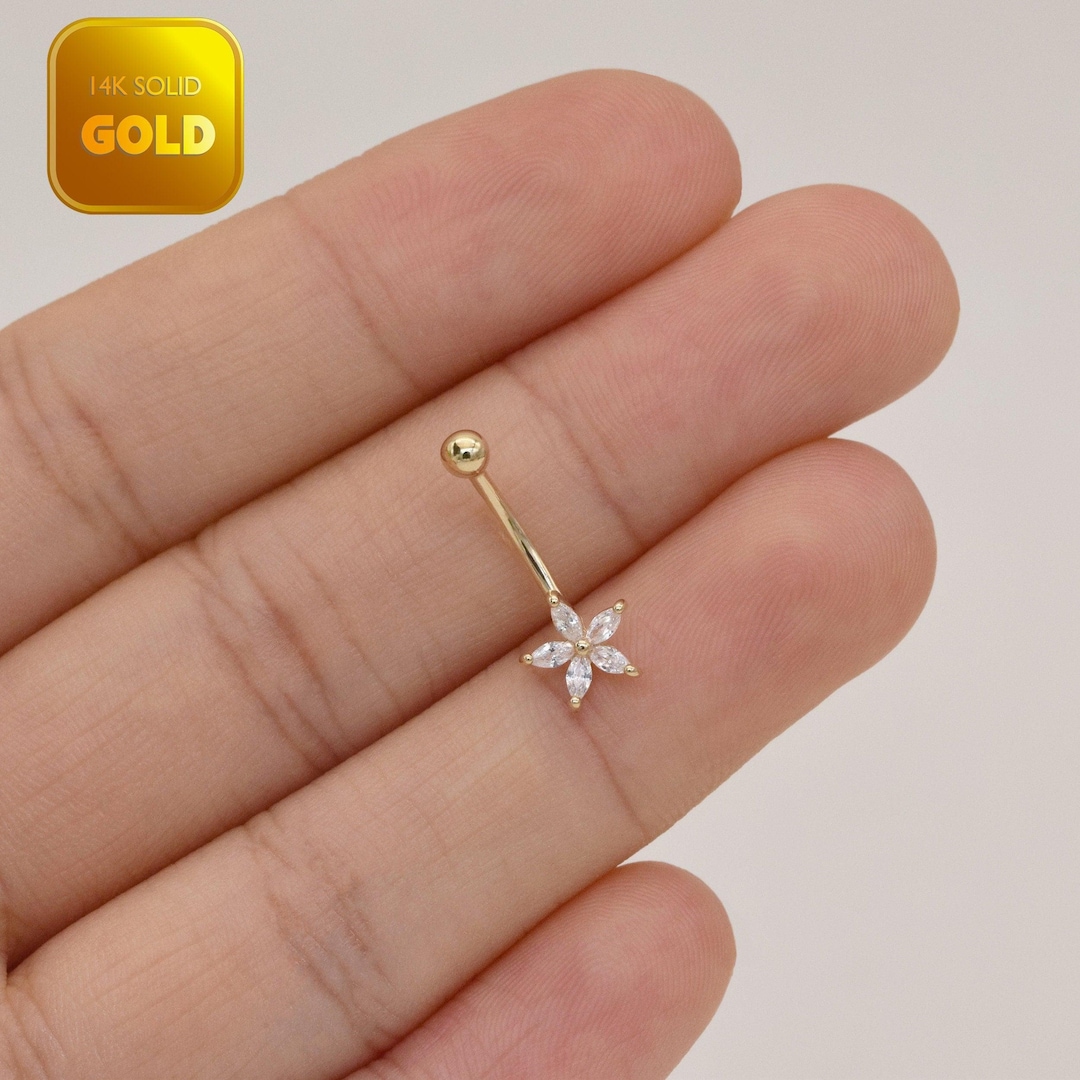 14k Solid Gold Flower Rook Earring Five Petals Earring Piercing Gold Navel Piercing CZ Belly ...