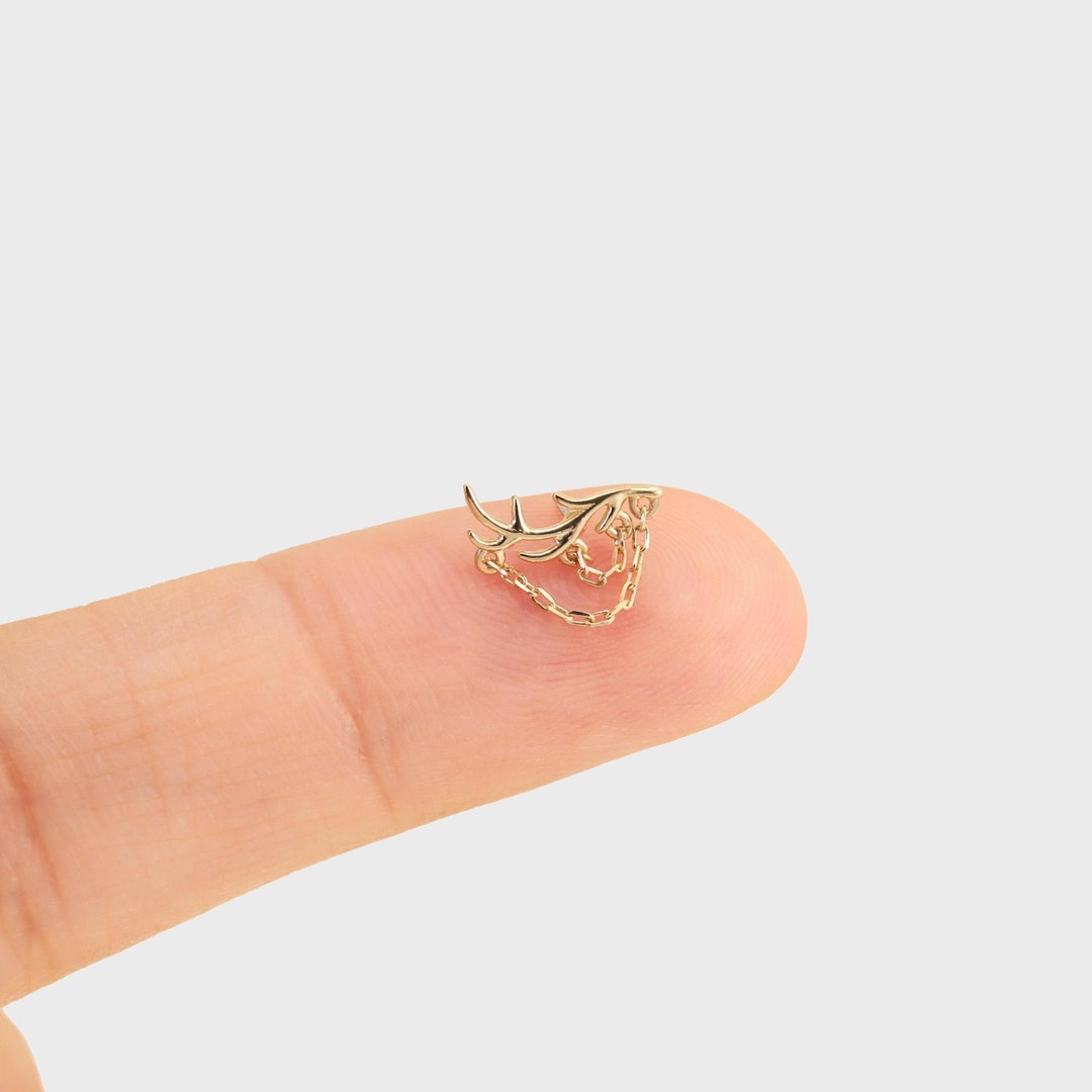 14k Solid Gold Antler Dangle Chain Threadless Top Deer Antler Dangle ...