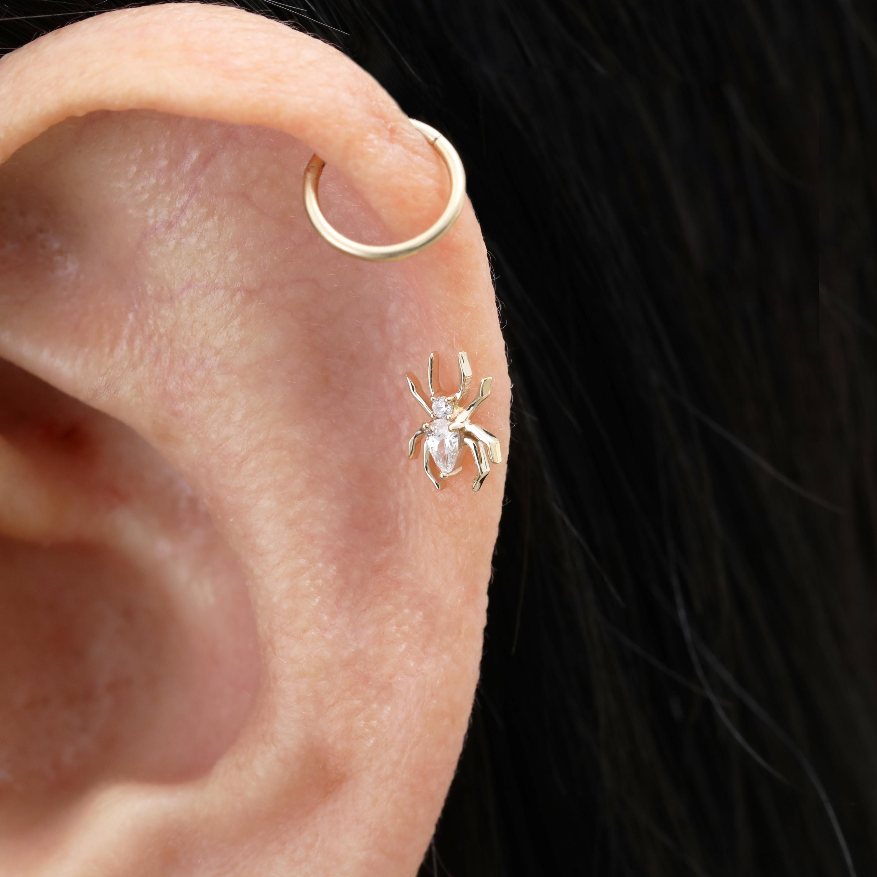 14K Solid Gold Dainty Spider Stud Earrings Tiny Cute Animal Cartilage ...
