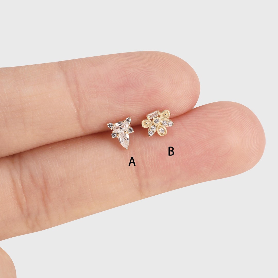 14K Solid Gold Dainty Cluster Stud Earring Gold Cartilage Earring ...