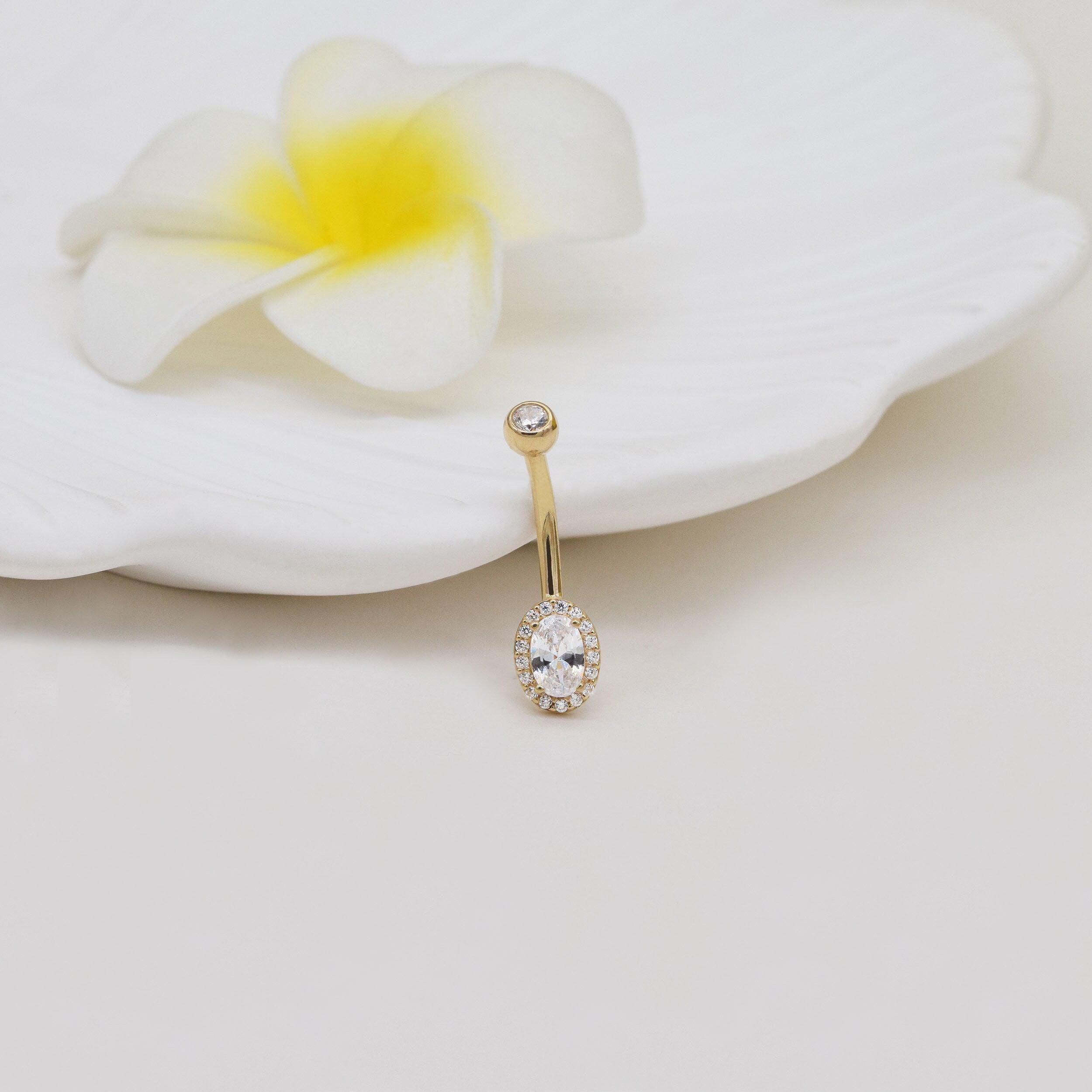 14k Solid Gold Diamond Belly Button Ring Gold Navel Piercing Classic ...