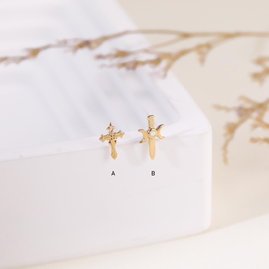 14k Solid Gold Sword Opal Delicate Stud Earring Tiny Dagger Helix ...