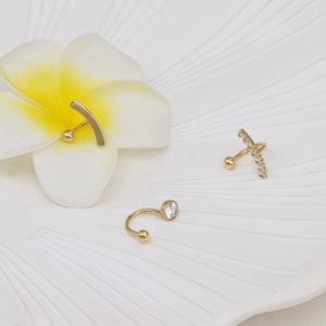 14k Solid Gold U Shape Double Hole Screw Ball Ear Piercing Open Huggie Earring Tragus Helix ...