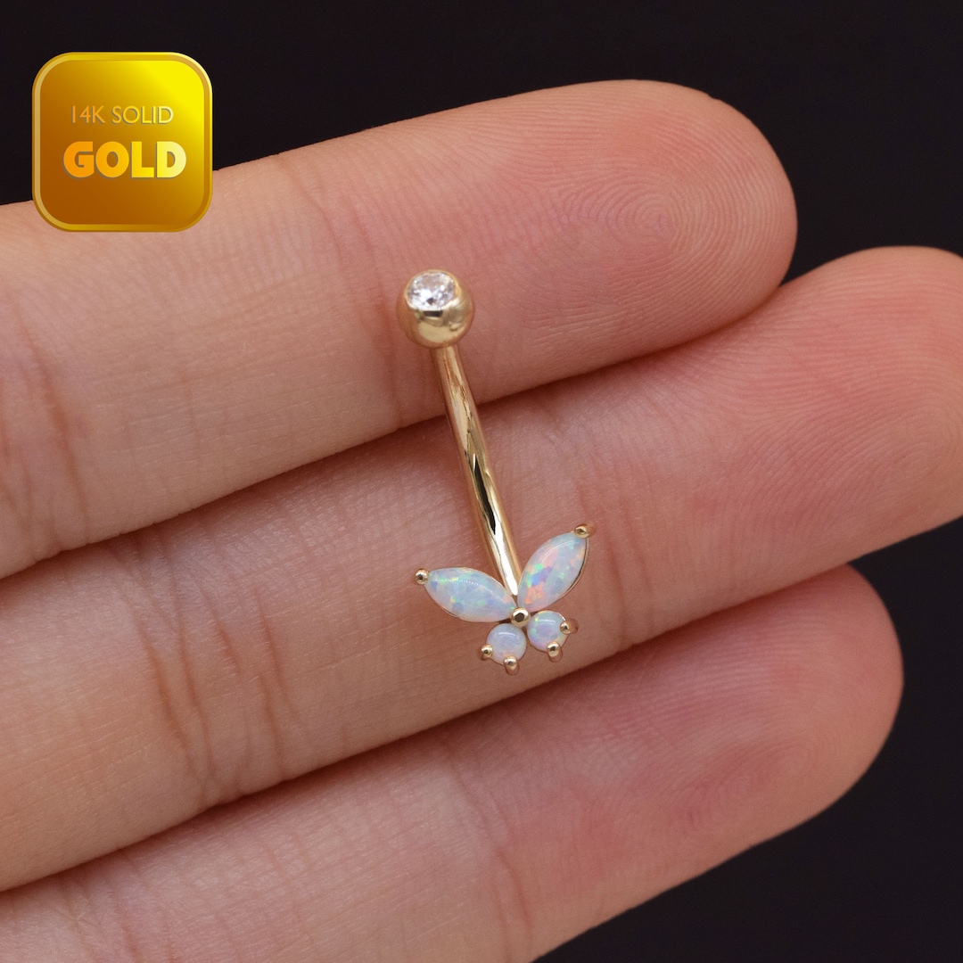 14k Solid Gold Butterfly Belly Button Ring Dainty Opal Navel - Etsy
