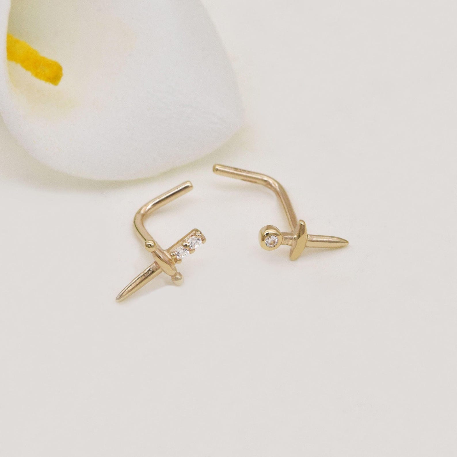 14k Solid Gold Sword Nose Stud Dagger Nose Ring Tiny Nose Stud L Shape ...
