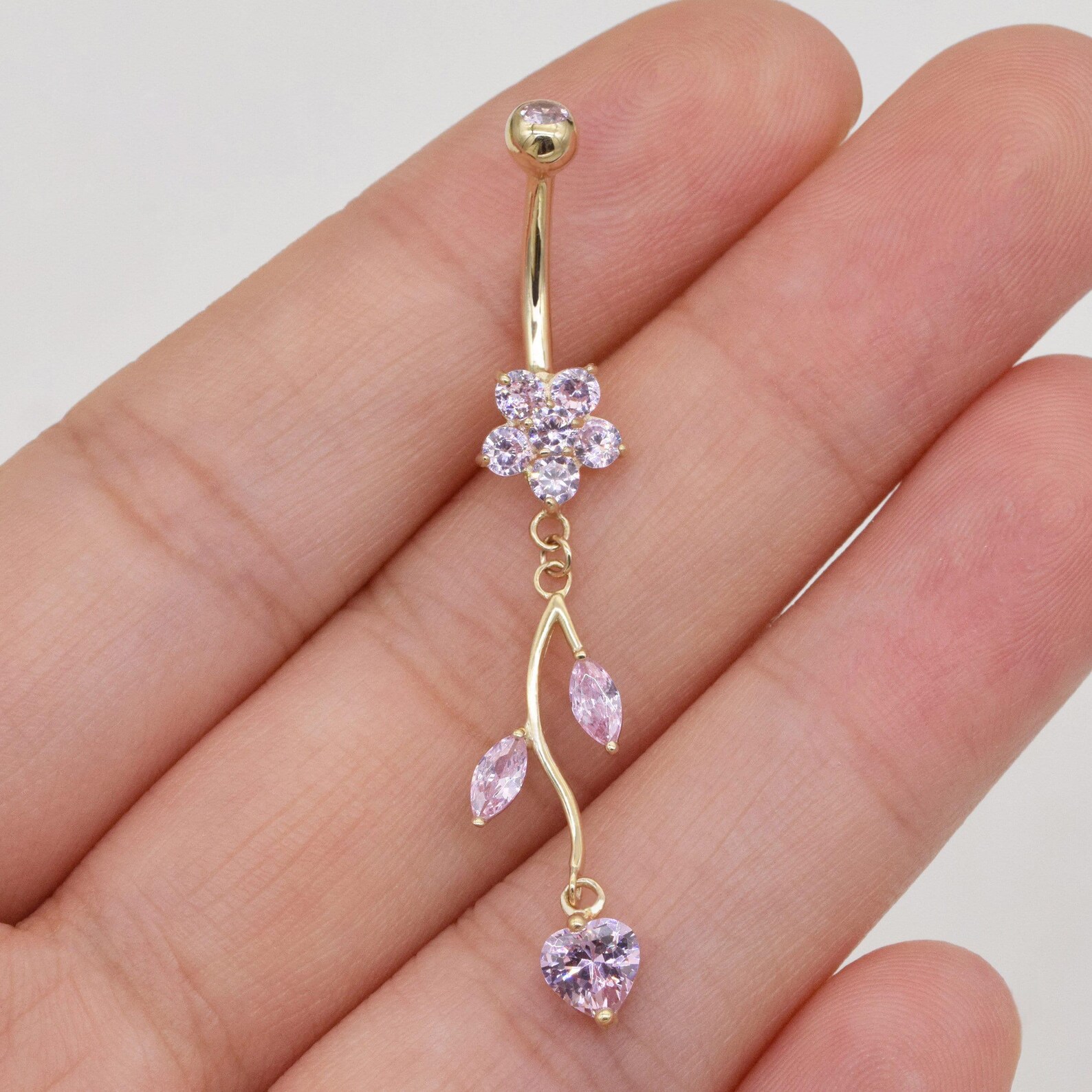 14k Solid Gold Sparkly Pink Flower Belly Button Ring Dangle Heart Navel ...