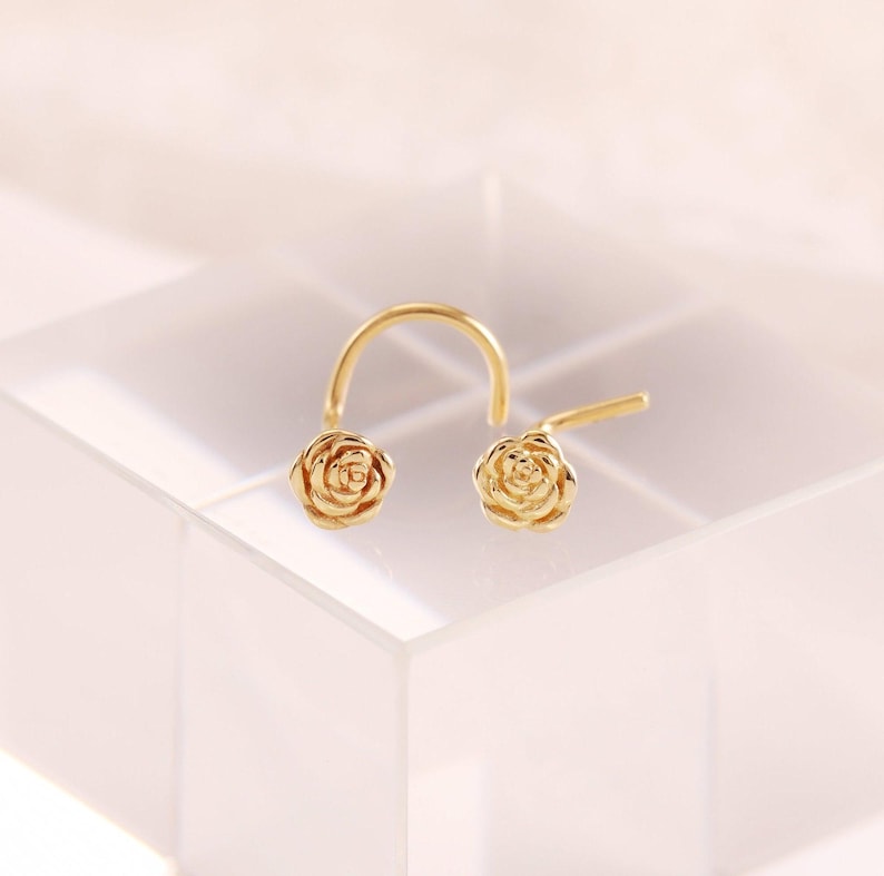 14k Solid Gold Rose Nose Stud, Tiny L Shape Flower Nose Ring, Dainty ...